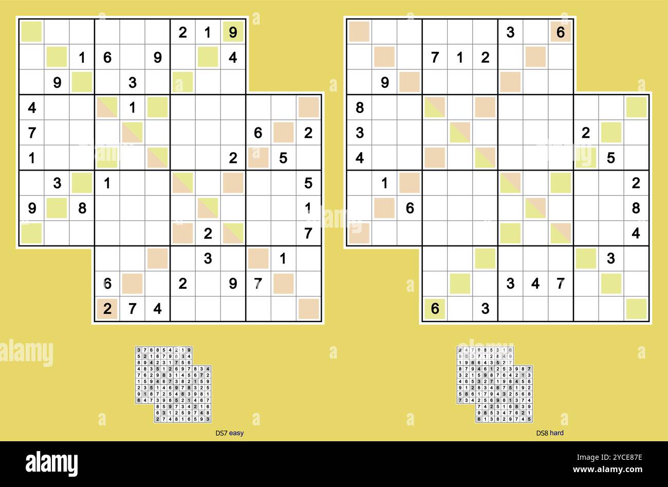 Diagonal double-doku. Rotational symmetry. Easy and hard. 34, 22 clues ...