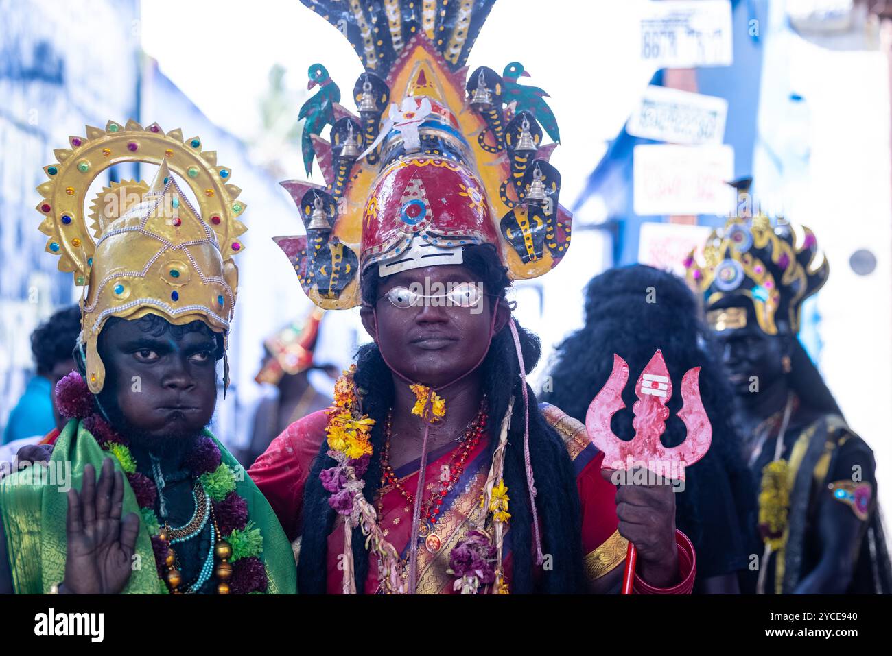 Kulasai Dasara, Portrait of indian hindu devotee with painted face and ...
