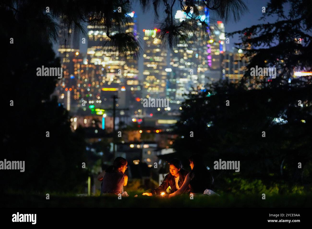 The downtown Los Angeles skyline gives a backdrop to artists painting ...