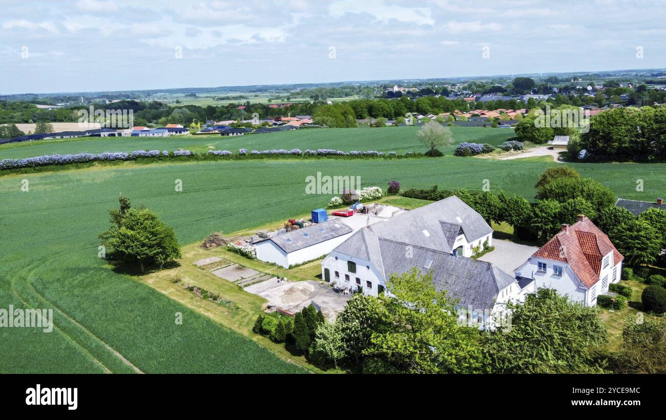 Farm in Denmark with living house, barn and other buildings. Green ...