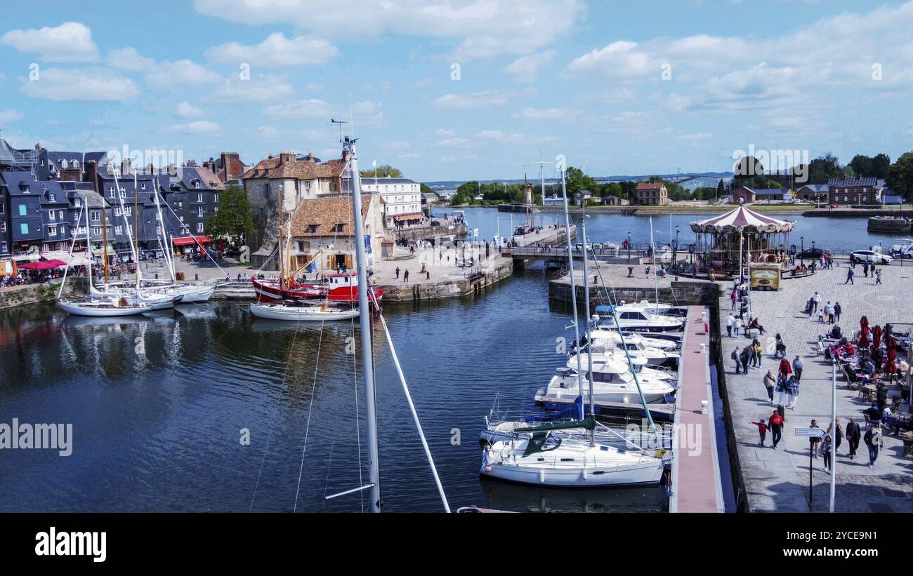 Aerial view of the yachts and bridge in old harbor in Honfleur, a ...