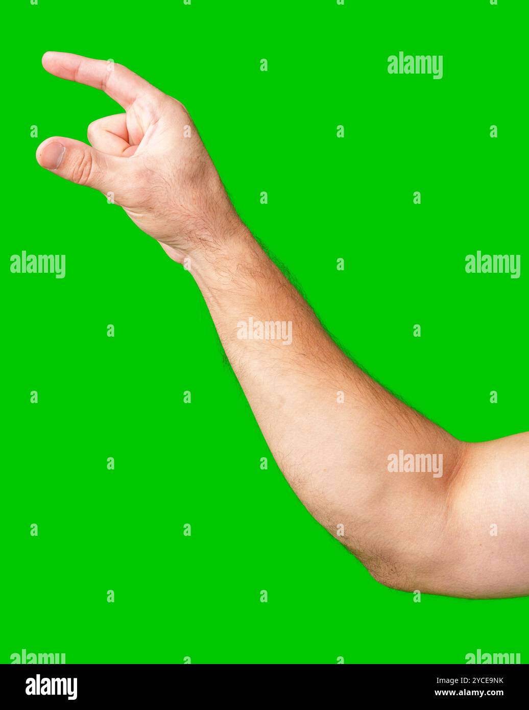 human arm gesturing with raised fingers against a bright green backdrop ...