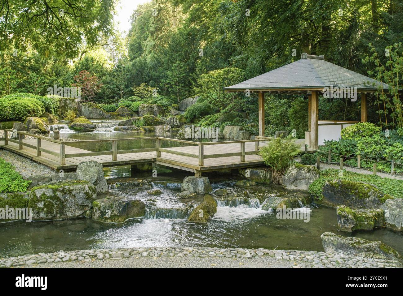 Wooden gazebo and a small waterfall in the Japanese garden in the ...