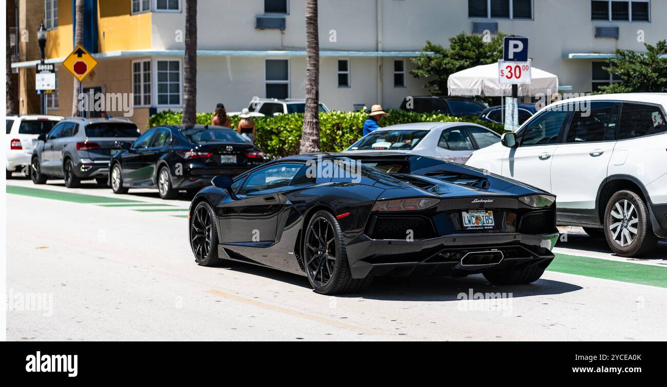 Miami Beach, Florida USA - June 8, 2024: 2023 Lamborghini Huracan Tecnica green at miami beach ...