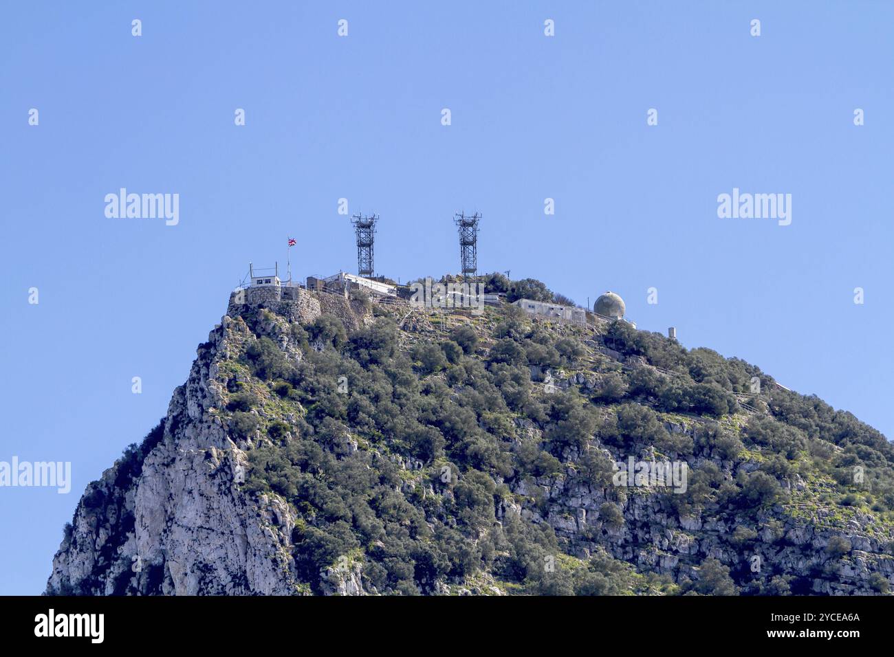 Summit of the Rock of Gibraltar with various technical installations ...