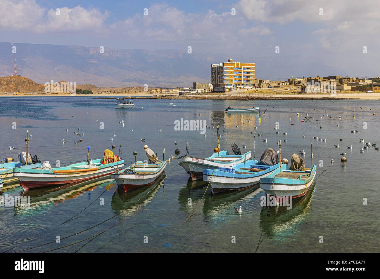 Fishing boats anchored in the harbour of Mirbat, Dhofar Province ...