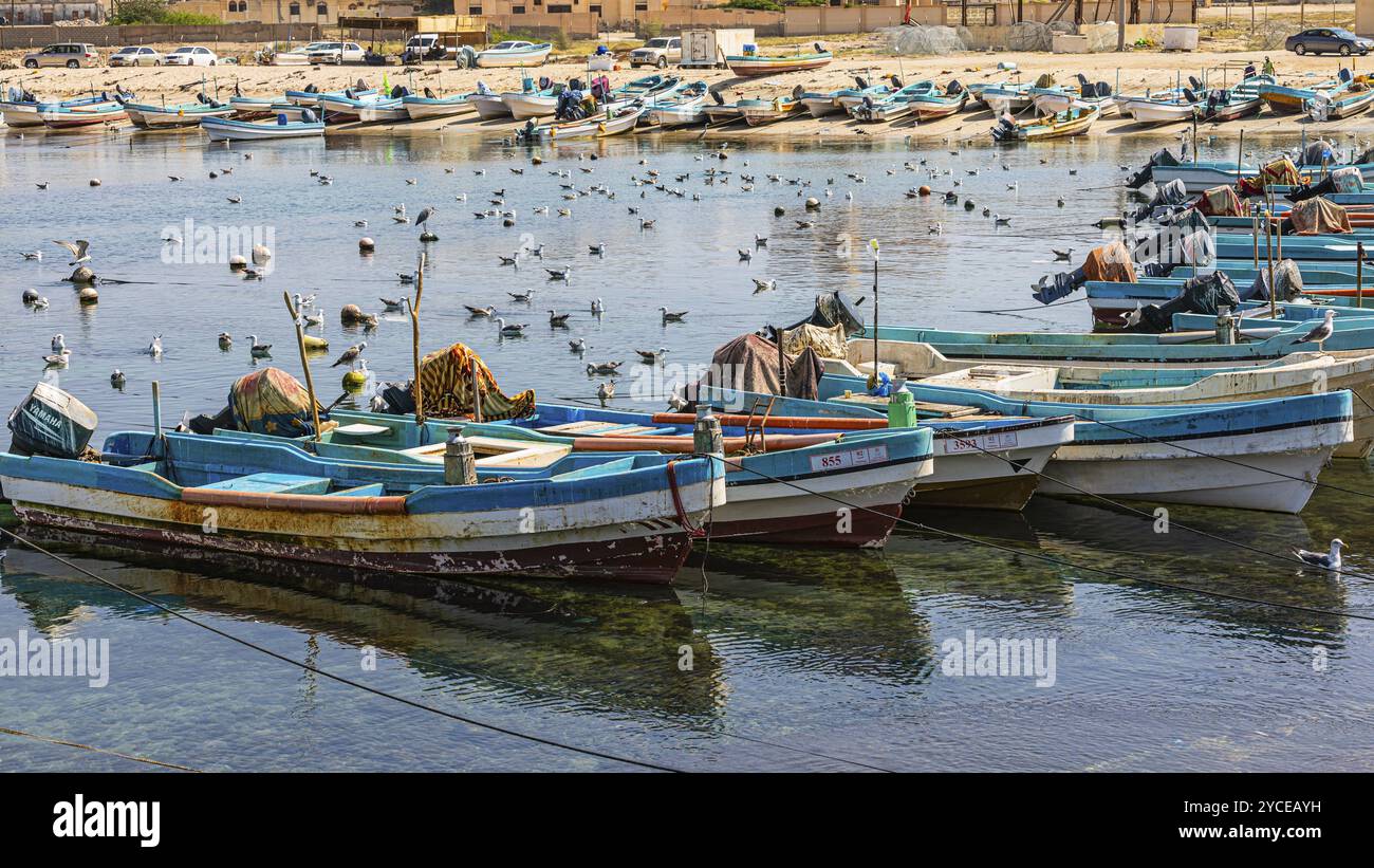Fishing boats anchored in the harbour of Mirbat, Dhofar Province ...