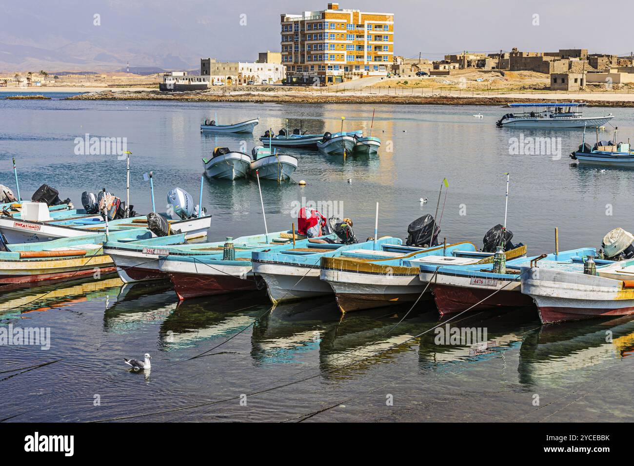 Fishing boats anchored in the harbour of Mirbat, Dhofar Province ...