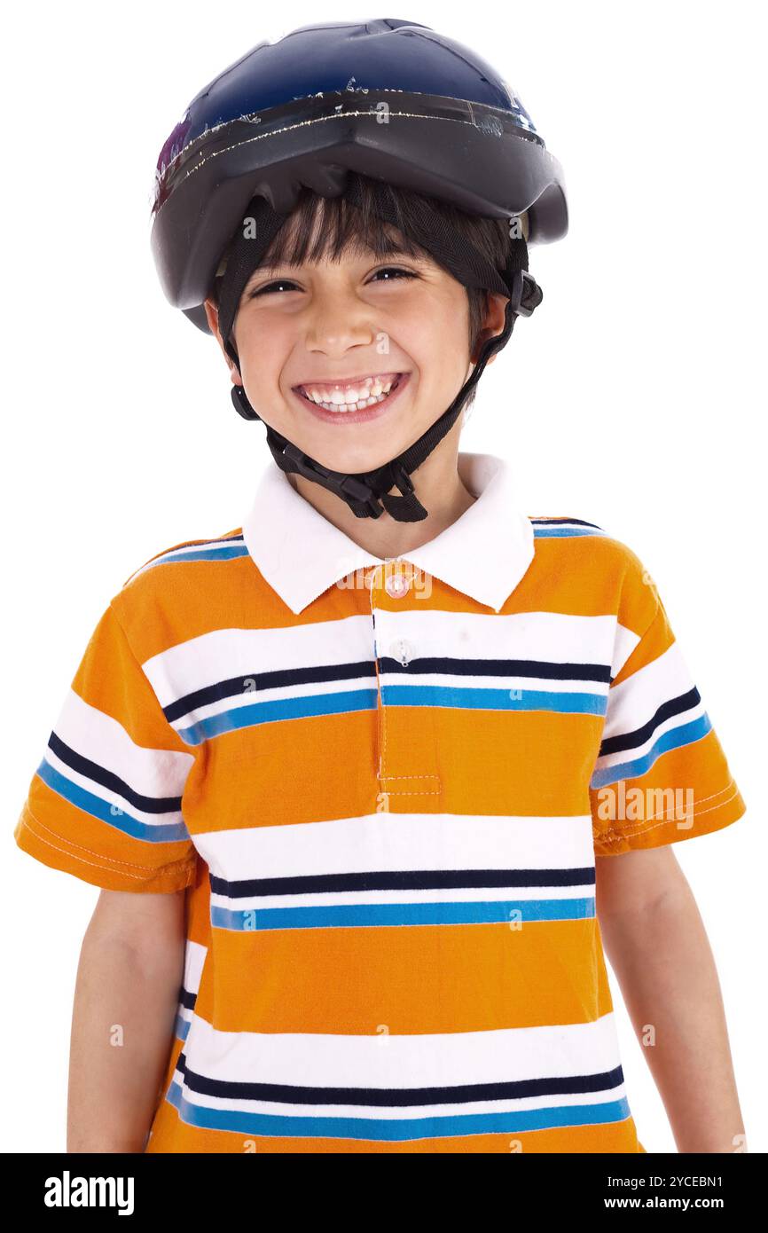 Kid with head cap ready for bicycle ride on white background Stock ...