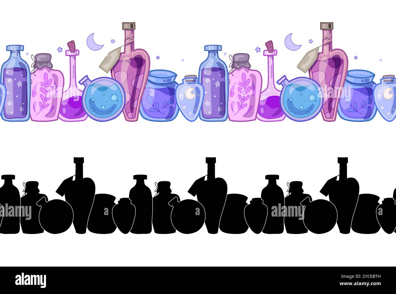 Set of seamless borders with colorful and black silhouette magic ...