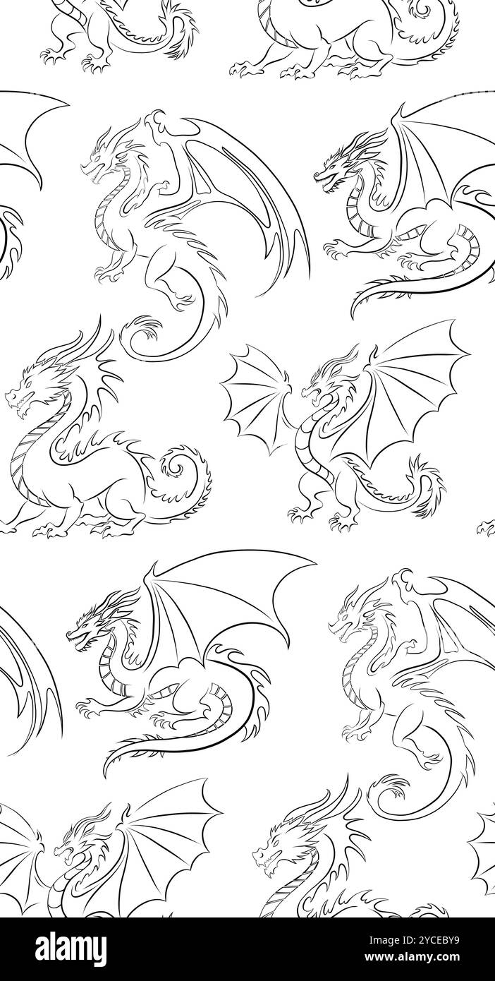Vector seamless pattern with contour dragons. Texture of black outline ...