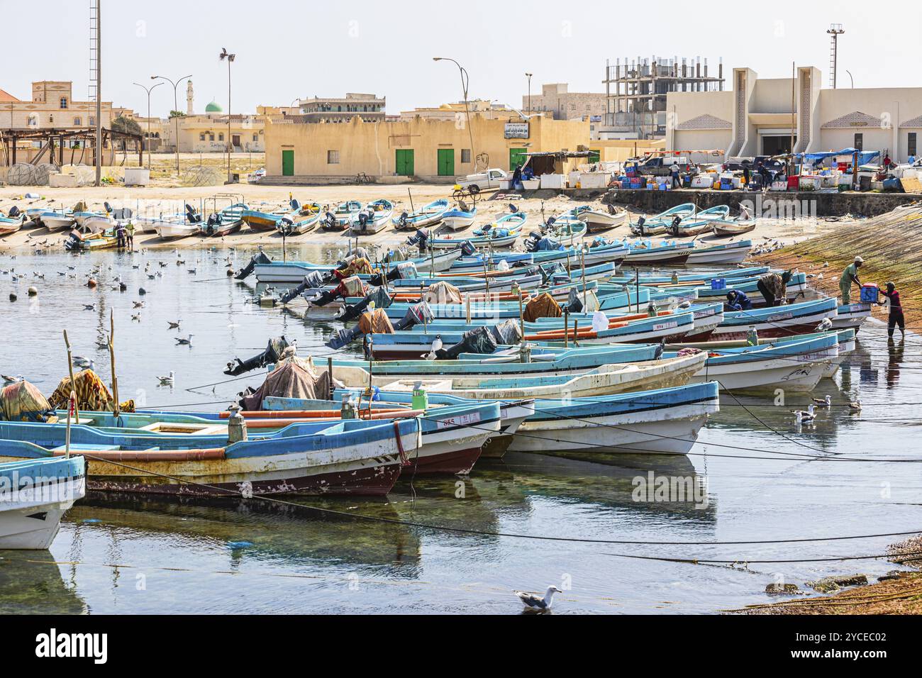 Fishing boats anchored in the harbour of Mirbat, Dhofar Province ...