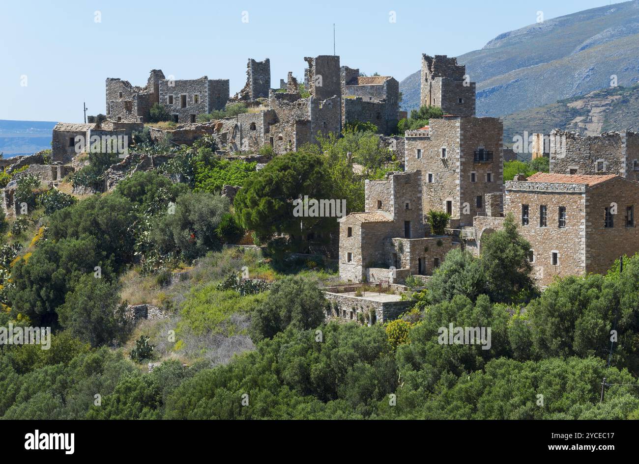 Detailed view of historic stone houses of a hilltop village ...