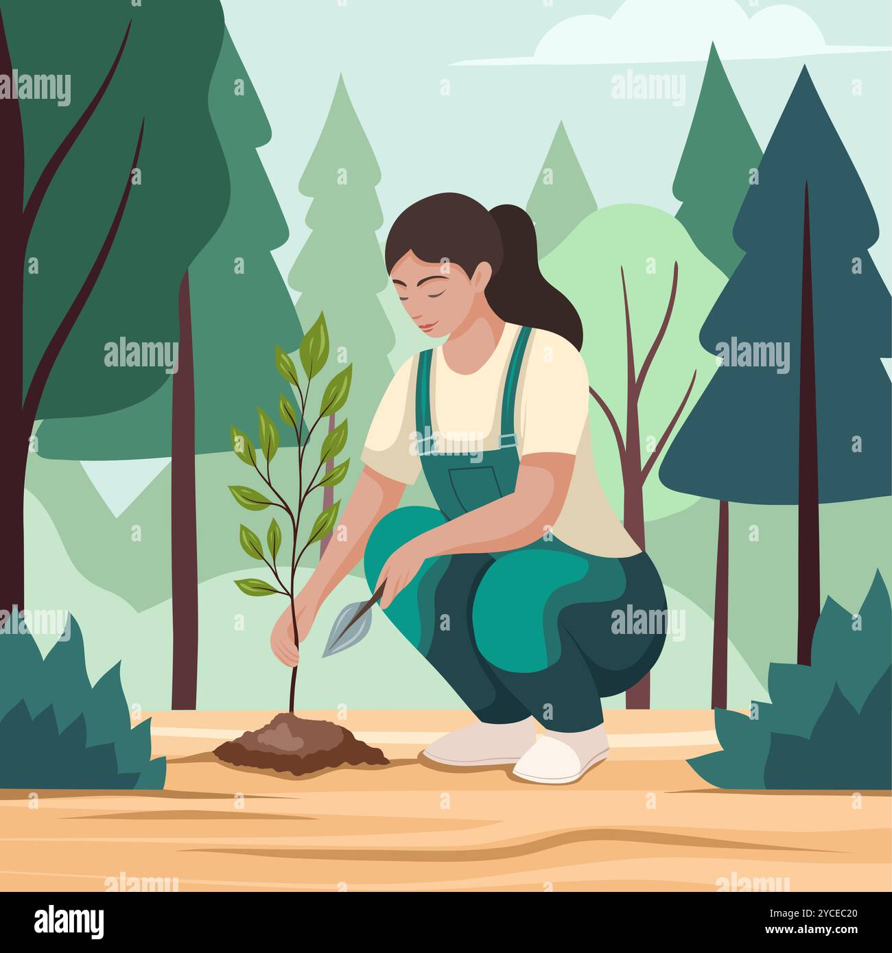 Woman planting a tree in the forest. Vector illustration in modern flat ...