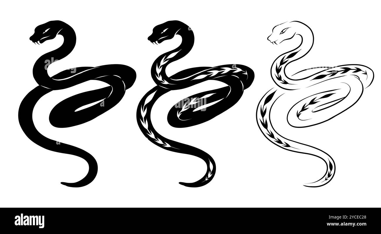 Vector monochrome tangled snake set. Collection of black outline and ...