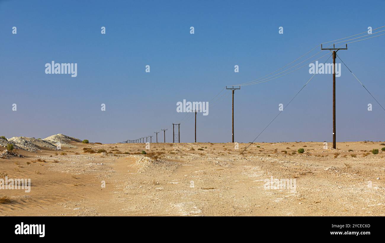 Power line runs through the Rub al Khali desert, Dhofar province ...