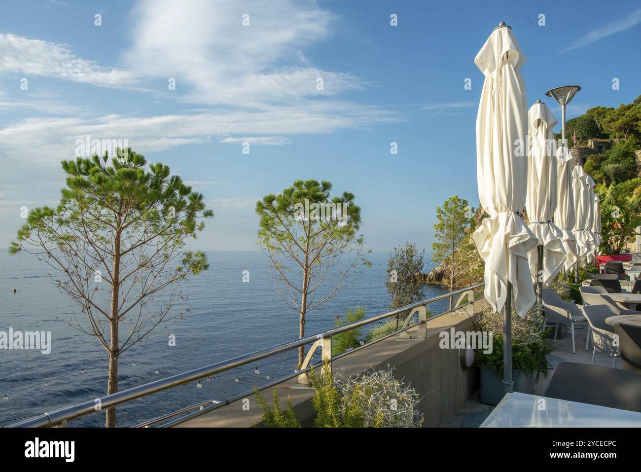 Idyllic view on cafe of the Solarium beach in summer in Monaco (Monte ...