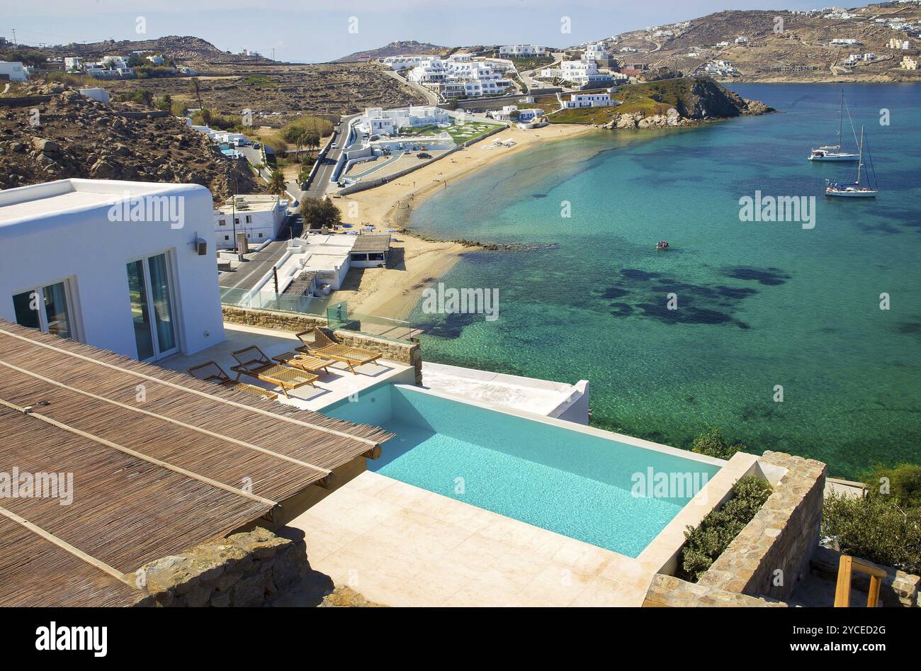 Amazing views of idyllic Greek islands, Mykonos, white houses, bay and ...