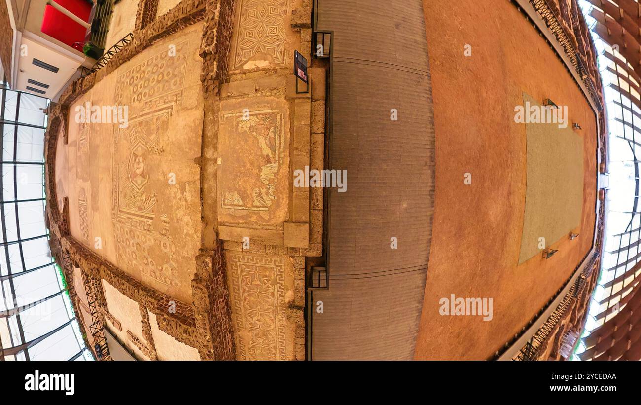 Nis, Serbia, Sept 3,2024: Top 360 view of the complex Roman mosaics, a ...