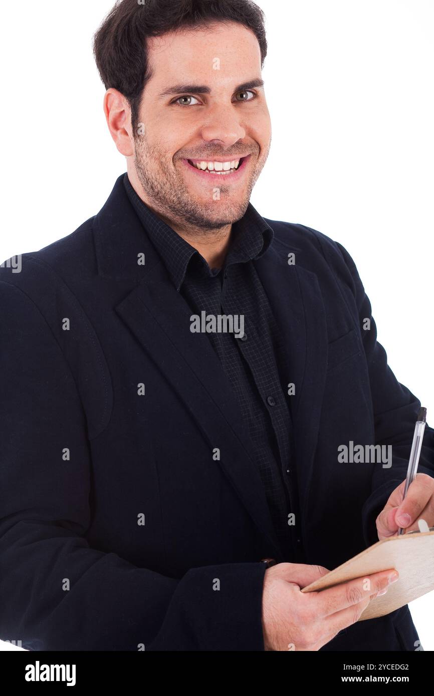 young man writting on a pad with pen on a white background Stock Photo ...