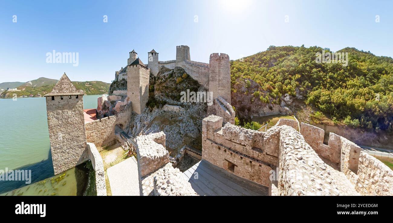 Aerial view of Golubac fortress, a medieval structure, stands ...