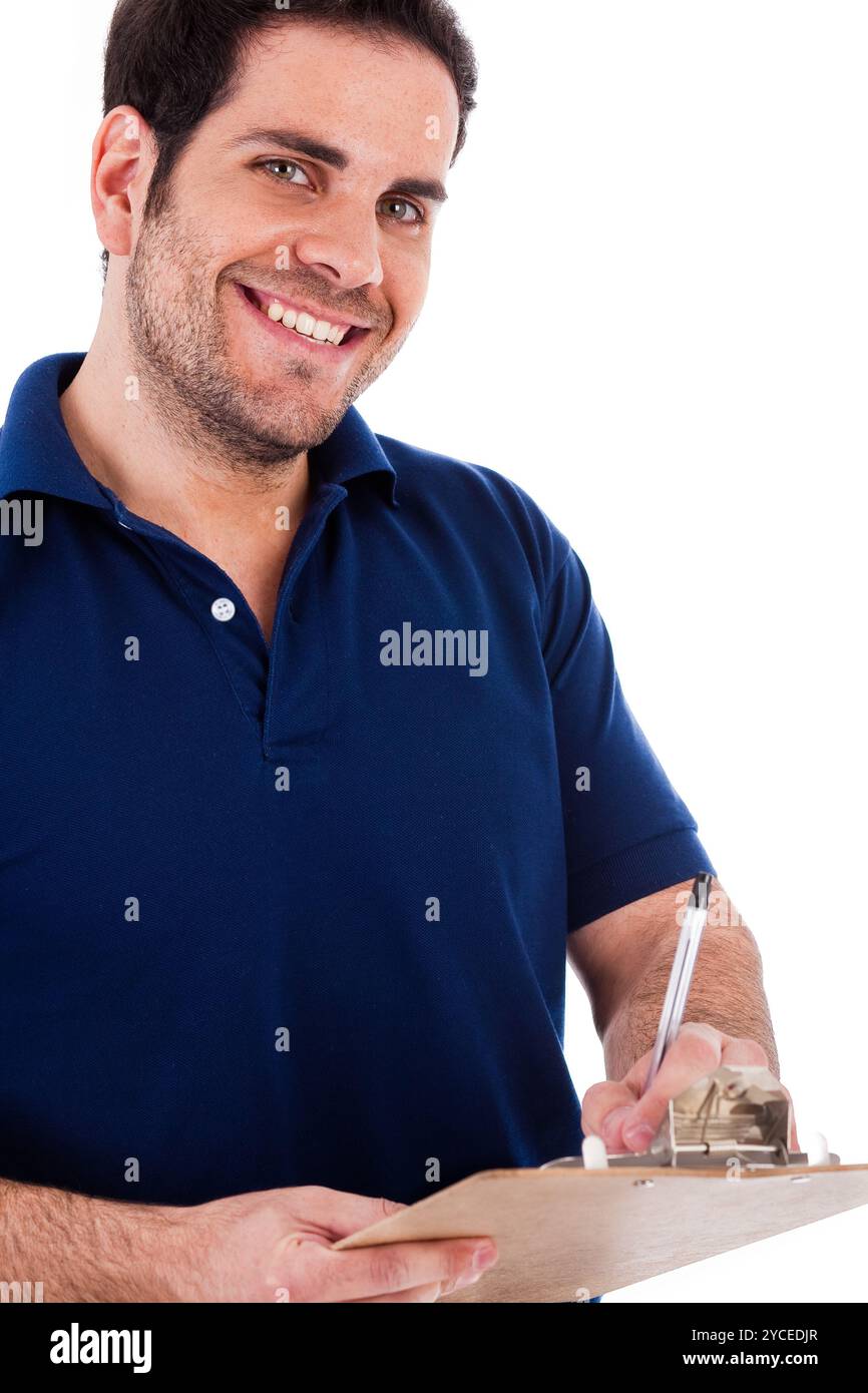 Casual man writting on a pad on a white background Stock Photo - Alamy