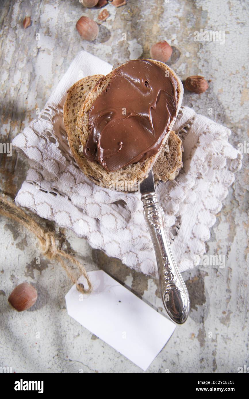 Breakfast with chocolate spread made with hazelnuts and cocoa sugar ...