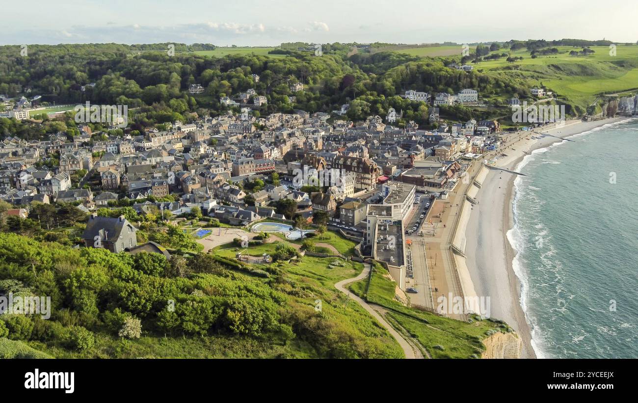 Aerial view on Etretat village in Normandy and beach and water of ...