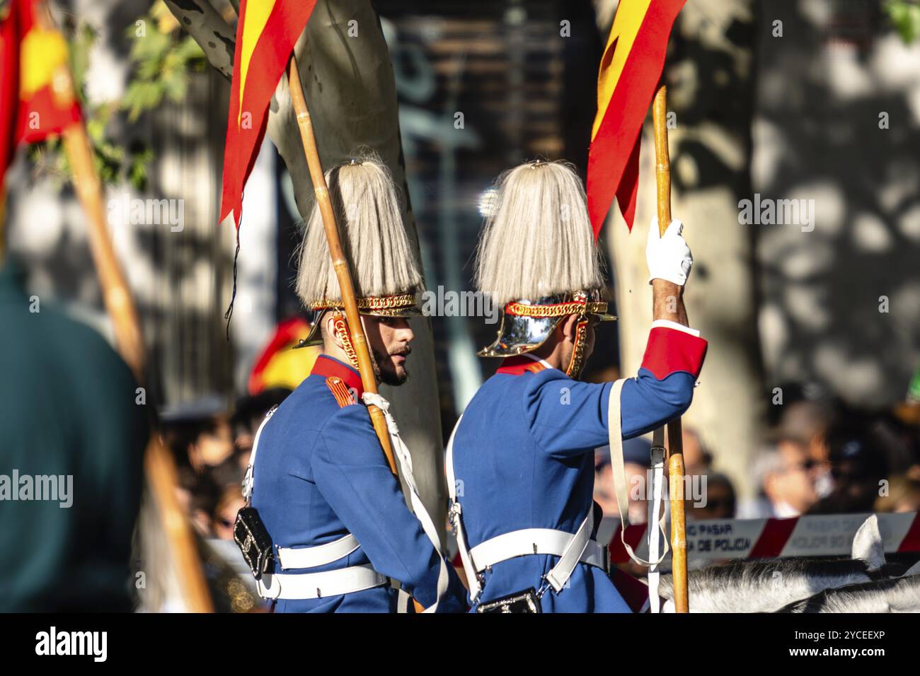 Madrid, Spain, October 12, 2023: Cavalrymen in historical uniforms ...