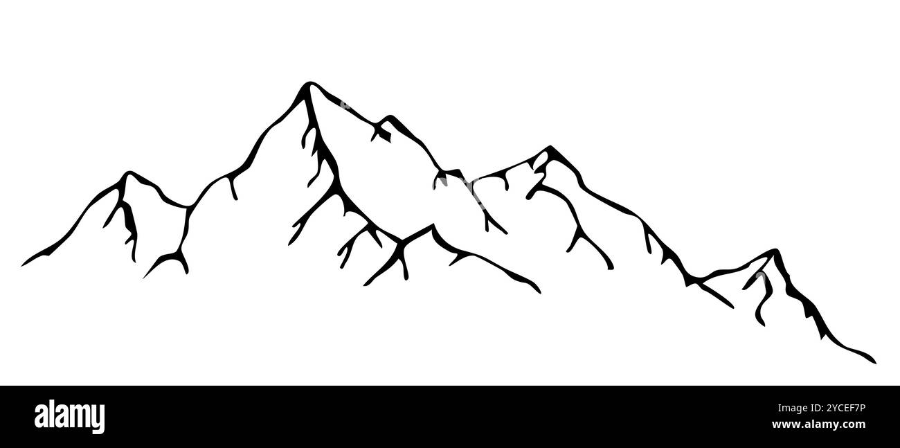 Mountain ridge, snowy peak, line wild nature. Hand drawn landscape, map ...
