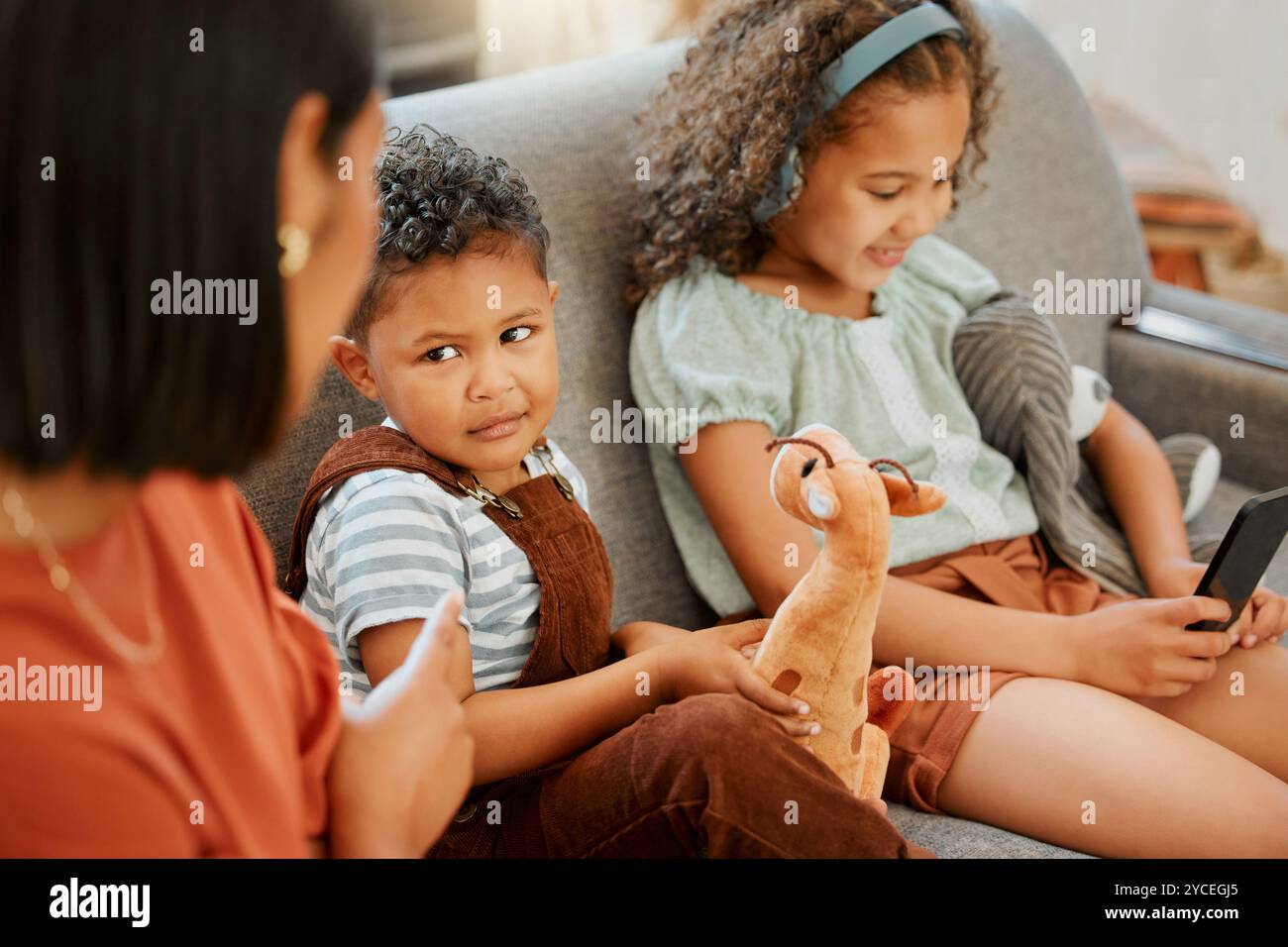 Sofa, mother and discipline naughty child in home for behavior problem ...