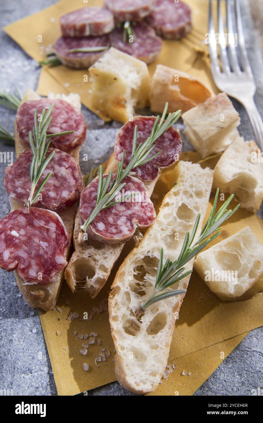 Presentation of the typical focaccia and Tuscan salami Stock Photo - Alamy