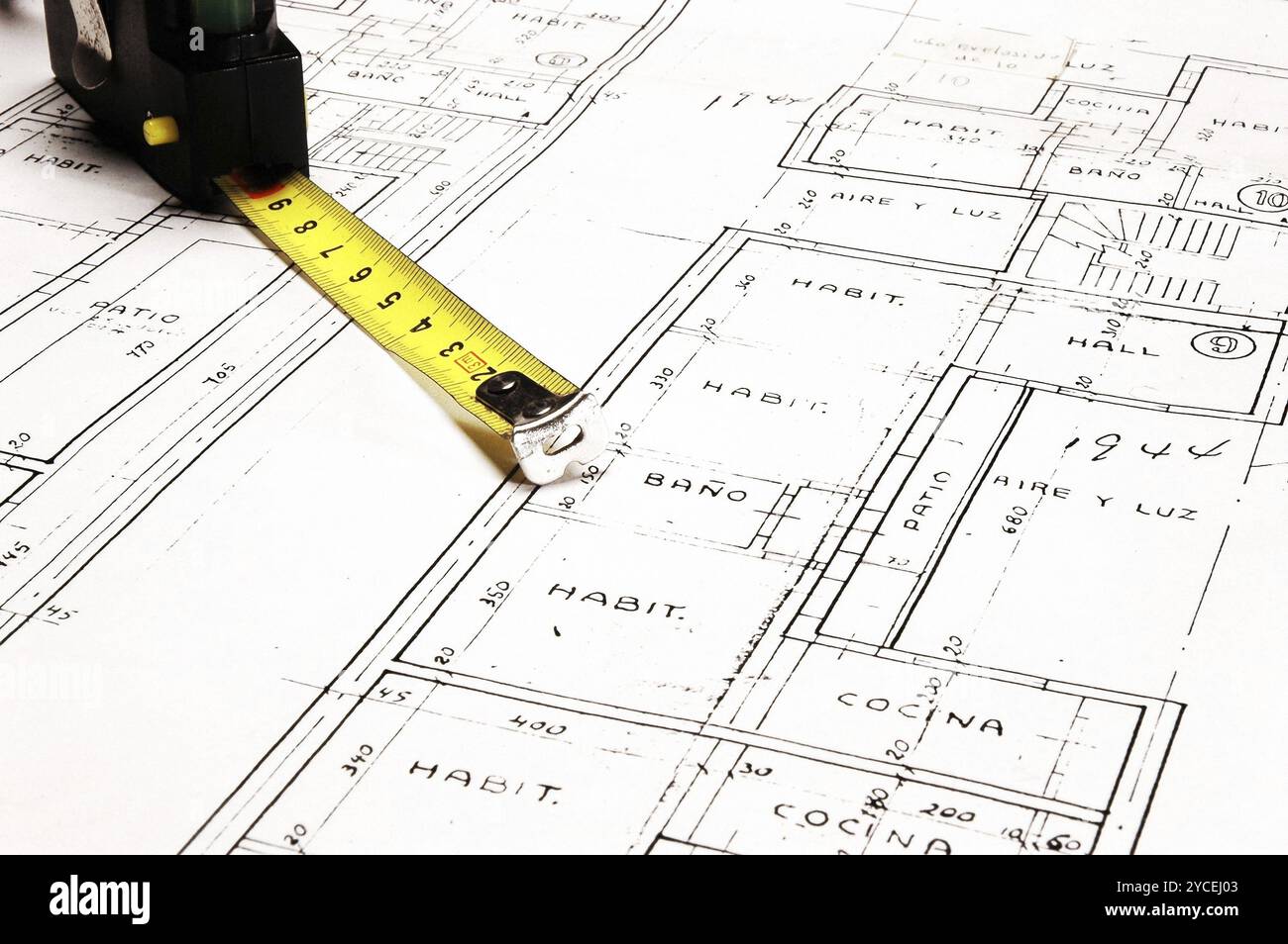 Plans and Tape Measure, Close Up Stock Photo - Alamy