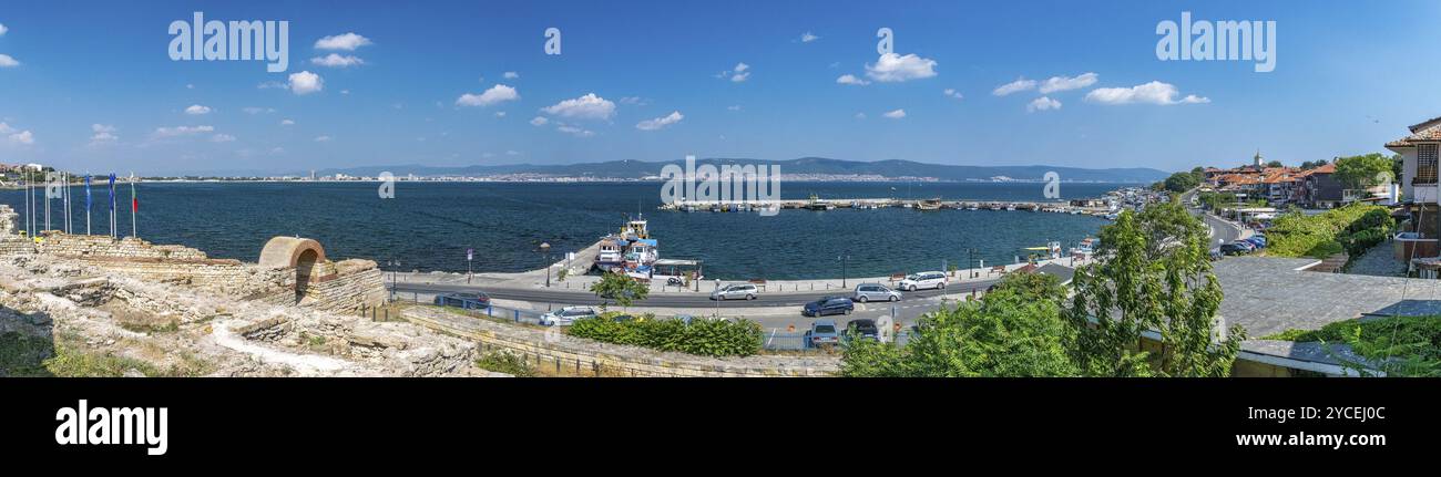 Panorama of Nessebar ancient city ruins and the harbor port. Nesebar ...