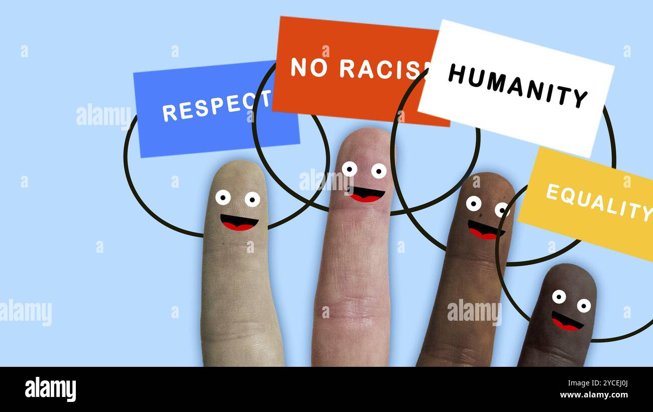 Fingers of one hand, of various ethnic groups manifest with banners ...