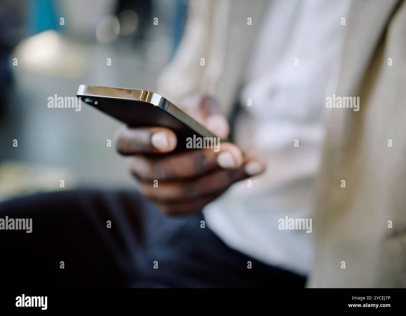 Travel, train and hands of person with phone, typing and checking ...