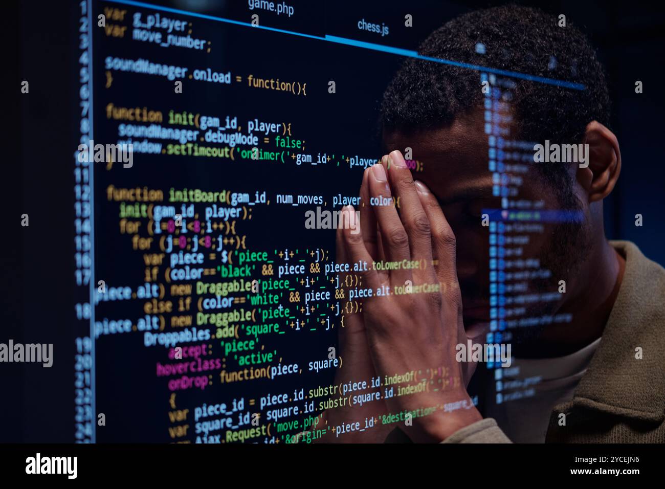 Stressed Developer Reviewing Complex Code on Screen Stock Photo - Alamy
