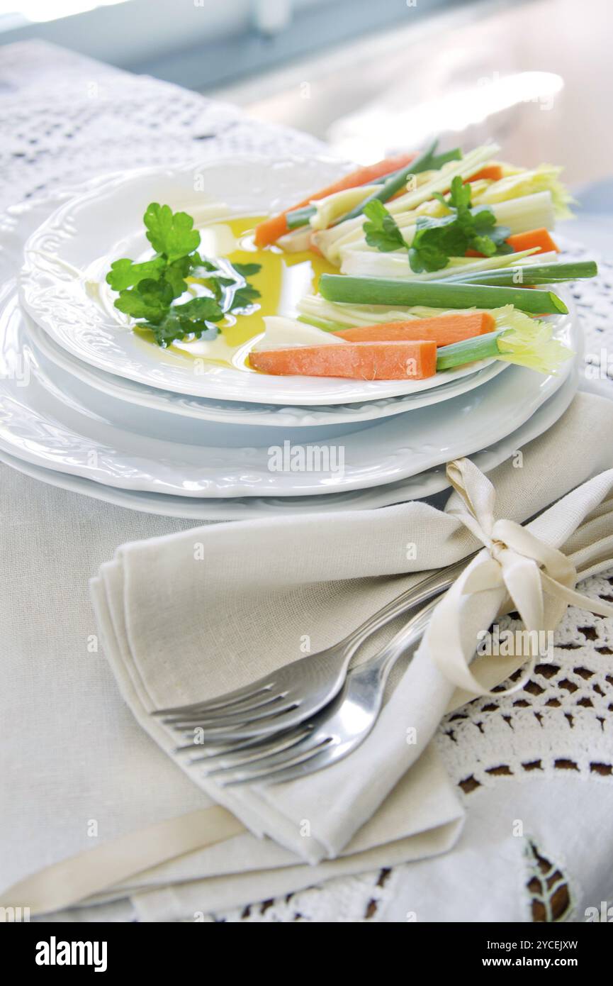 Preparation and presentation of mixed vegetables for garnish Stock ...