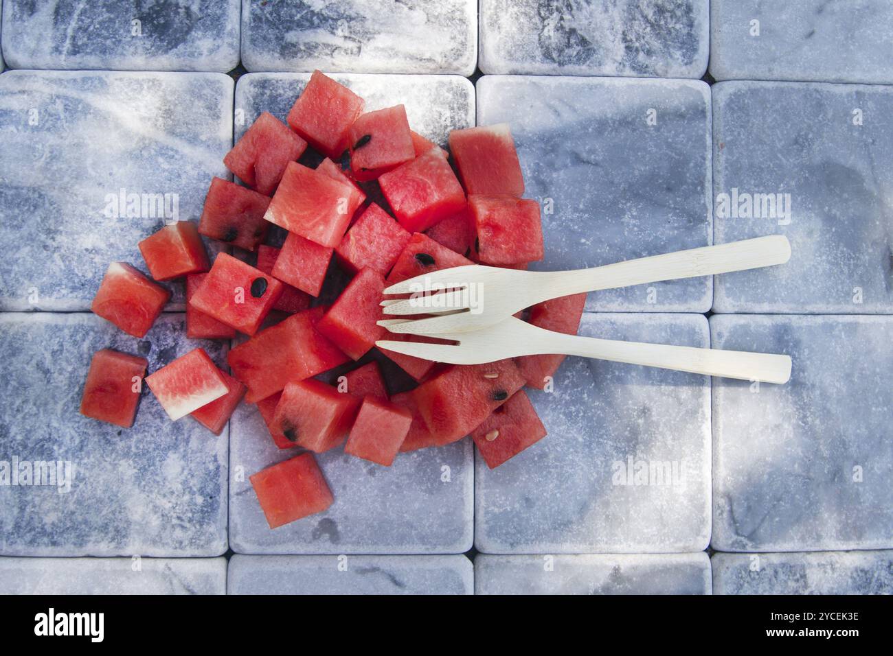Presentation of a summer dish made of diced watermelon Stock Photo - Alamy