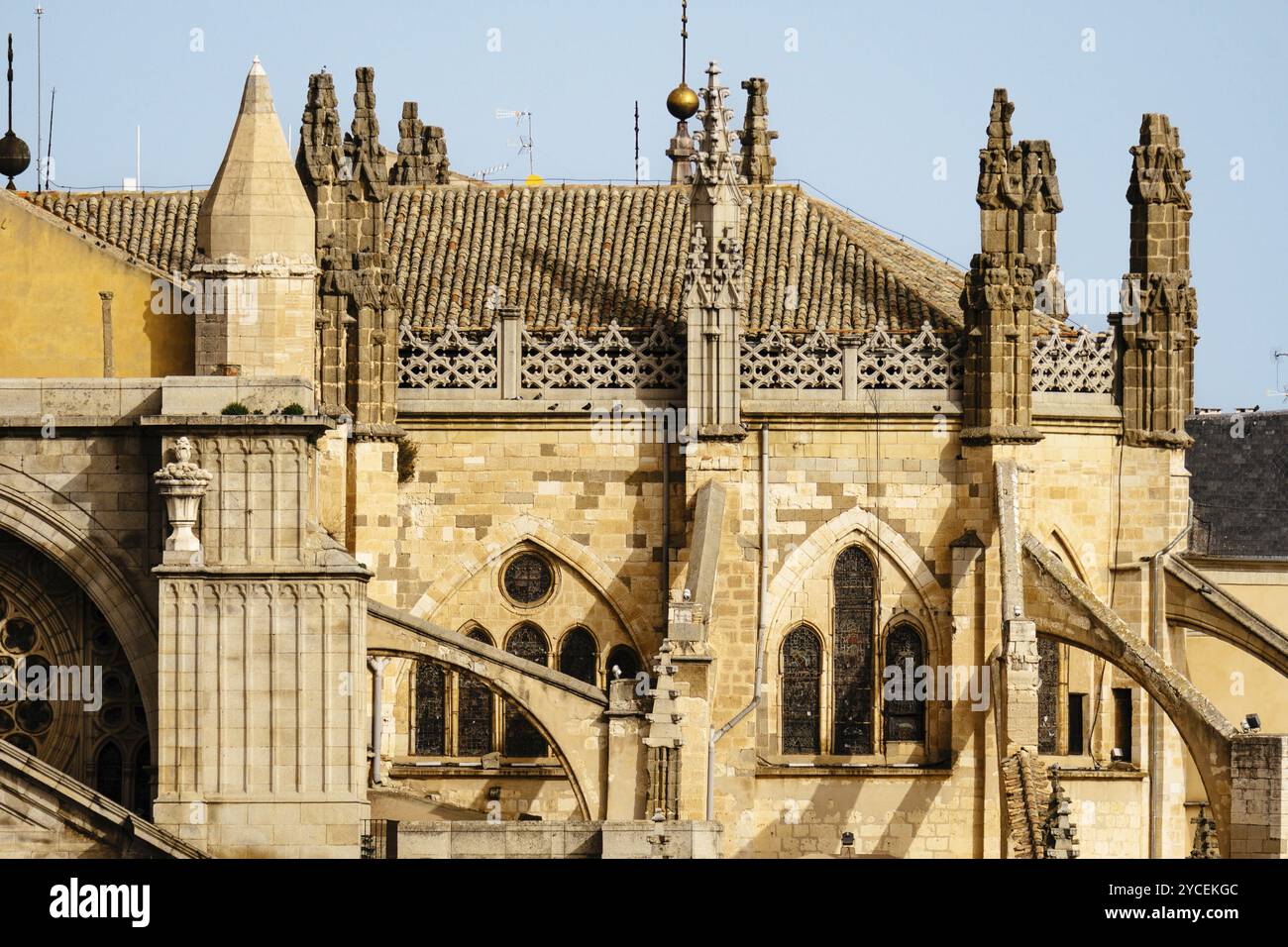 Telephoto lens view of the Cathedral of Toledo. Detail of archs in the ...