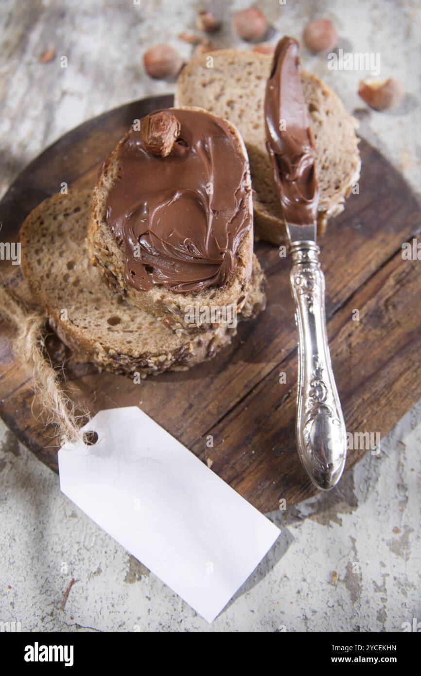 Breakfast with chocolate spread made with hazelnuts and cocoa sugar ...