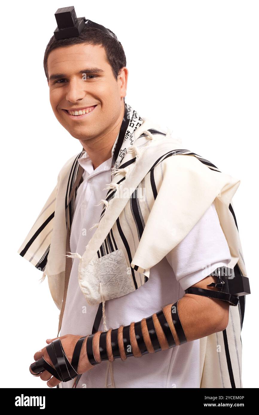 jewish men put phylactery on isolated background Stock Photo - Alamy