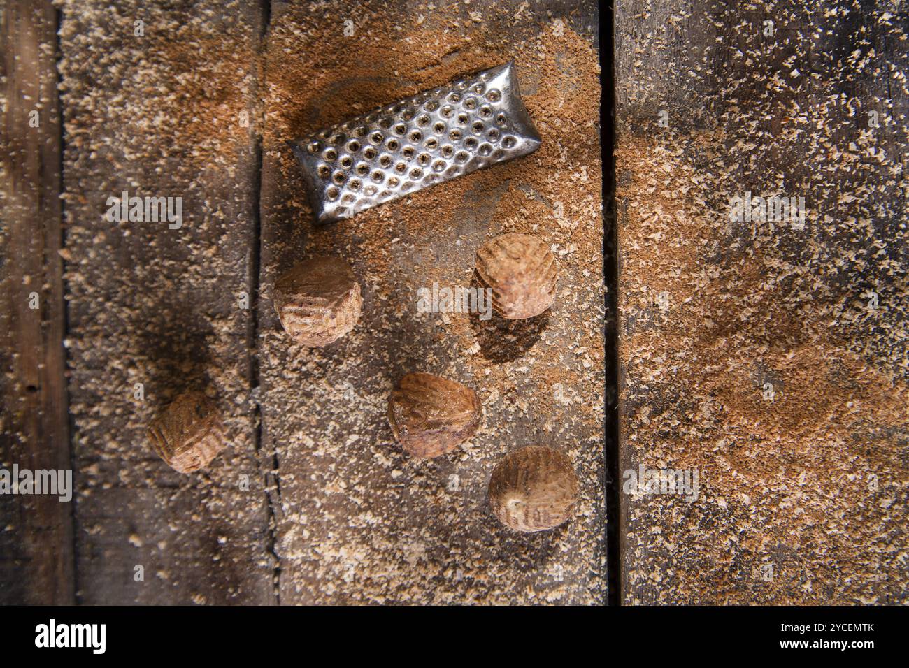 Detail of the grating of nutmeg flavor unique to particular foods and ...