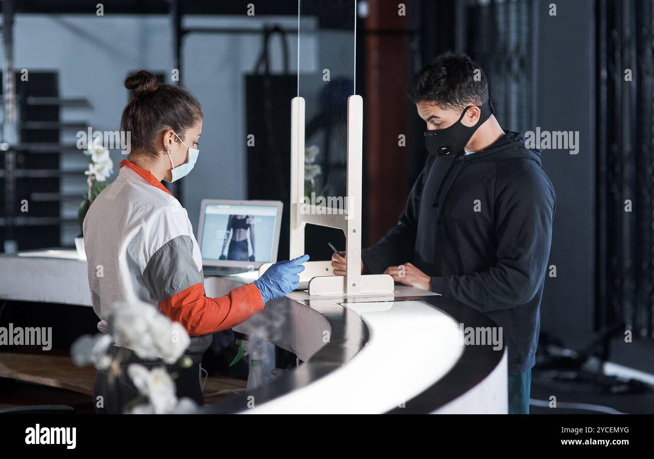 People, filling and paperwork with face mask safety for registration ...