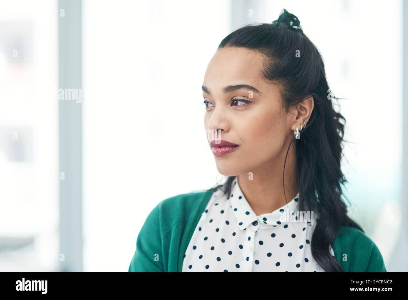 Business woman, thinking and office window for reflection, planning and ...