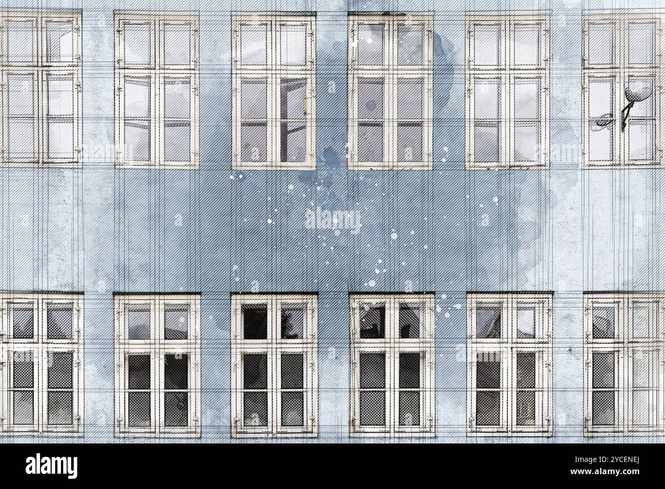 Architect drawing of white windows inold building. Watercolor and ink ...