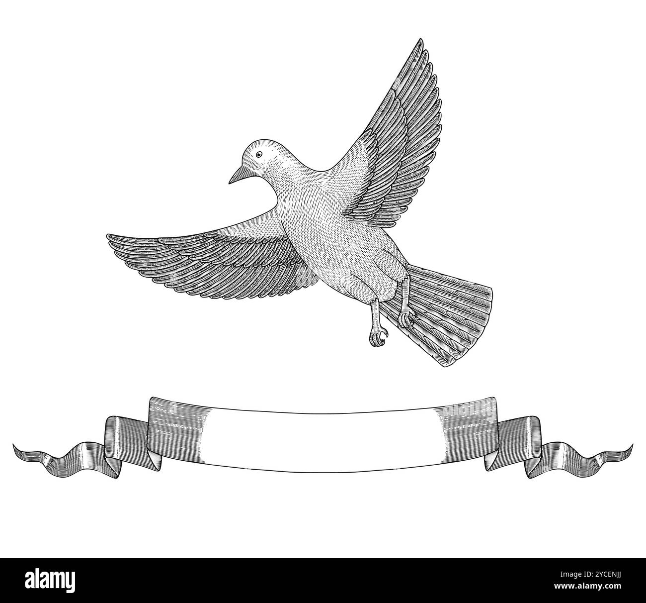 Dove flying in the sky with banner. Vintage engraving drawing style ...