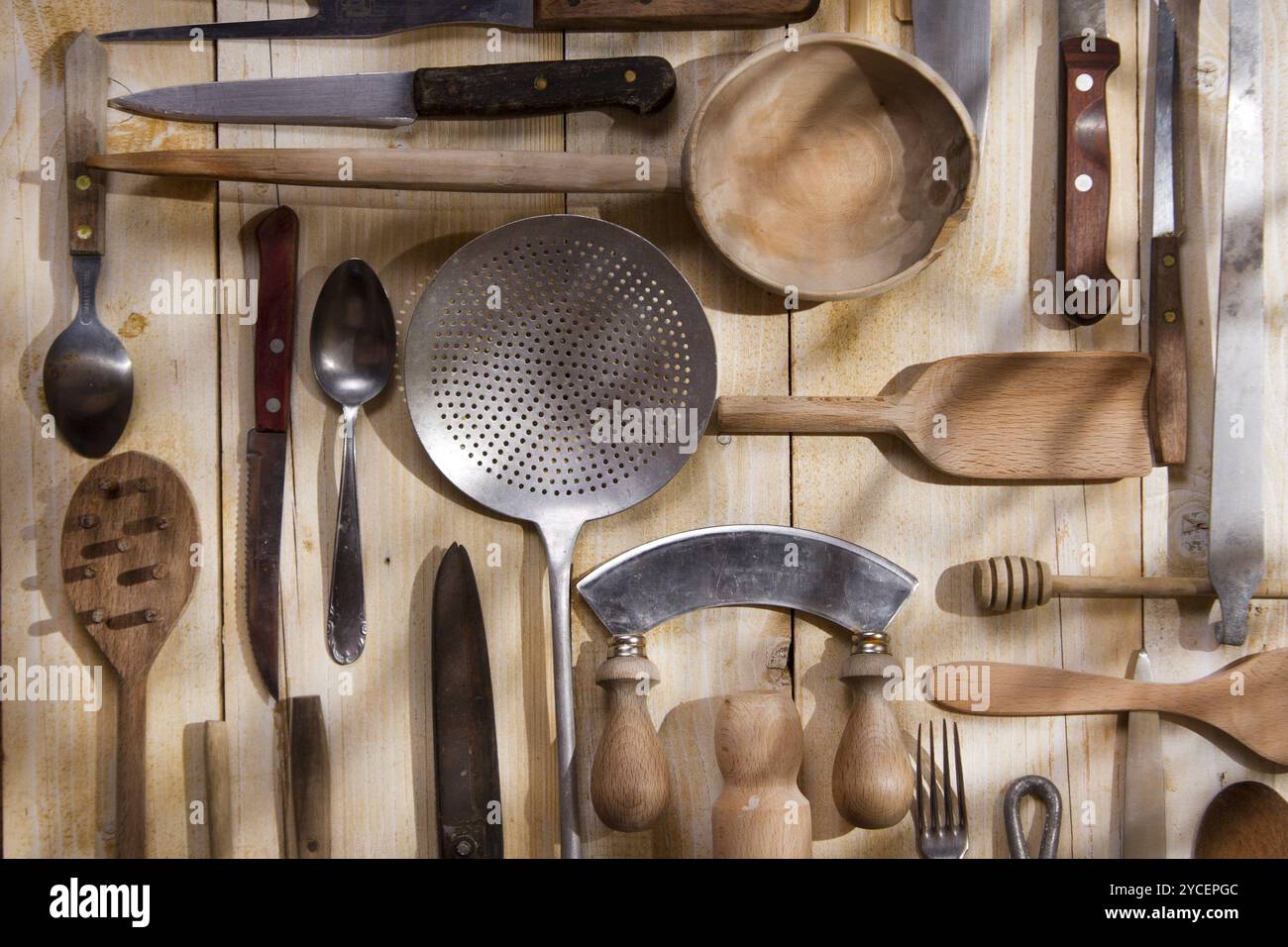 Old and various accessories for the preparation of food Stock Photo - Alamy