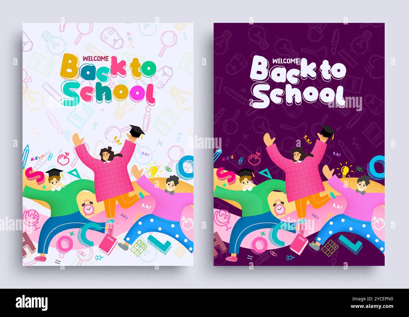 Back to school set vector poster. Cartoon college graduate character in ...