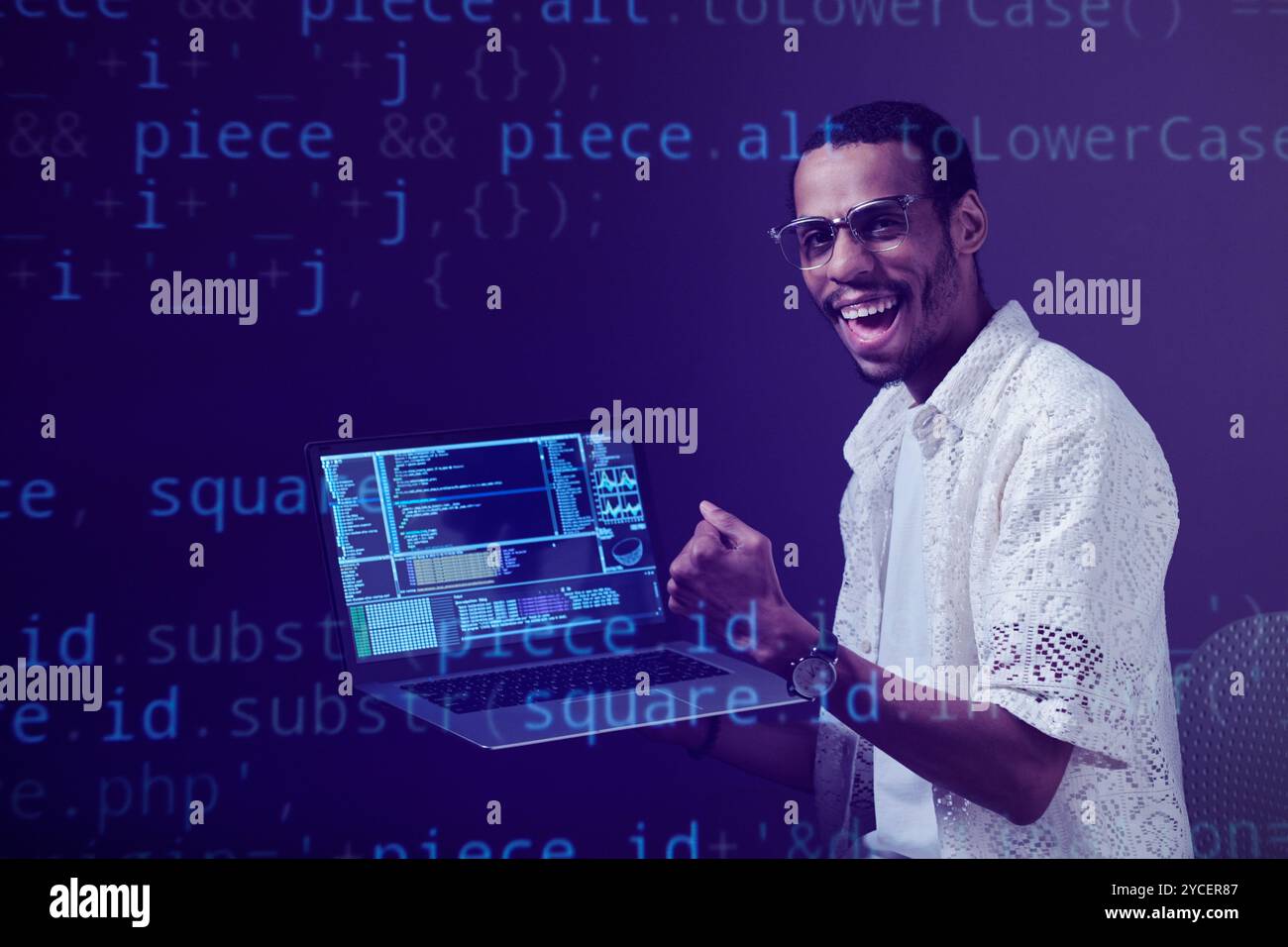 Smiling Programmer Analyzing Code on Computer Screen Stock Photo - Alamy
